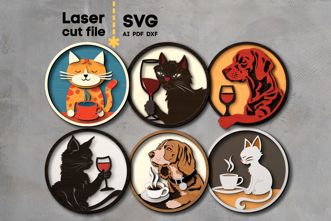 Drinking Animals SVG Bundle. Laser Cut File for Glowforge, Cat & Dog ...