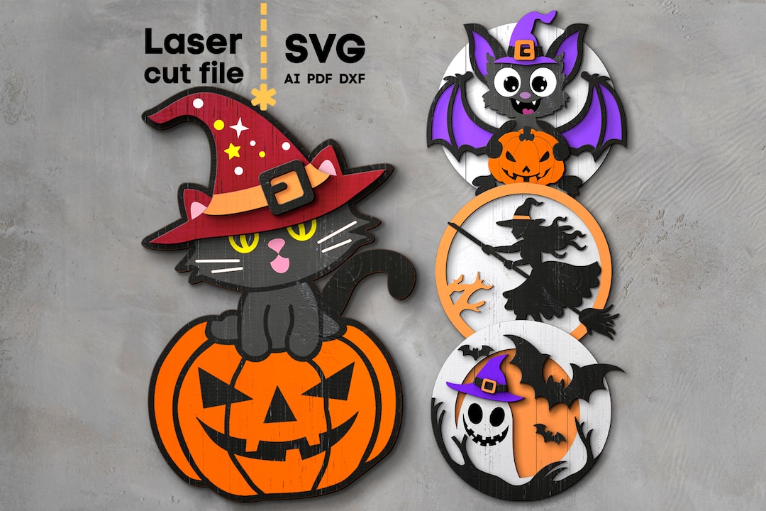 Halloween SVG Bundle. Laser Cut File for Glowforge, Black Cat Hat Bat ...