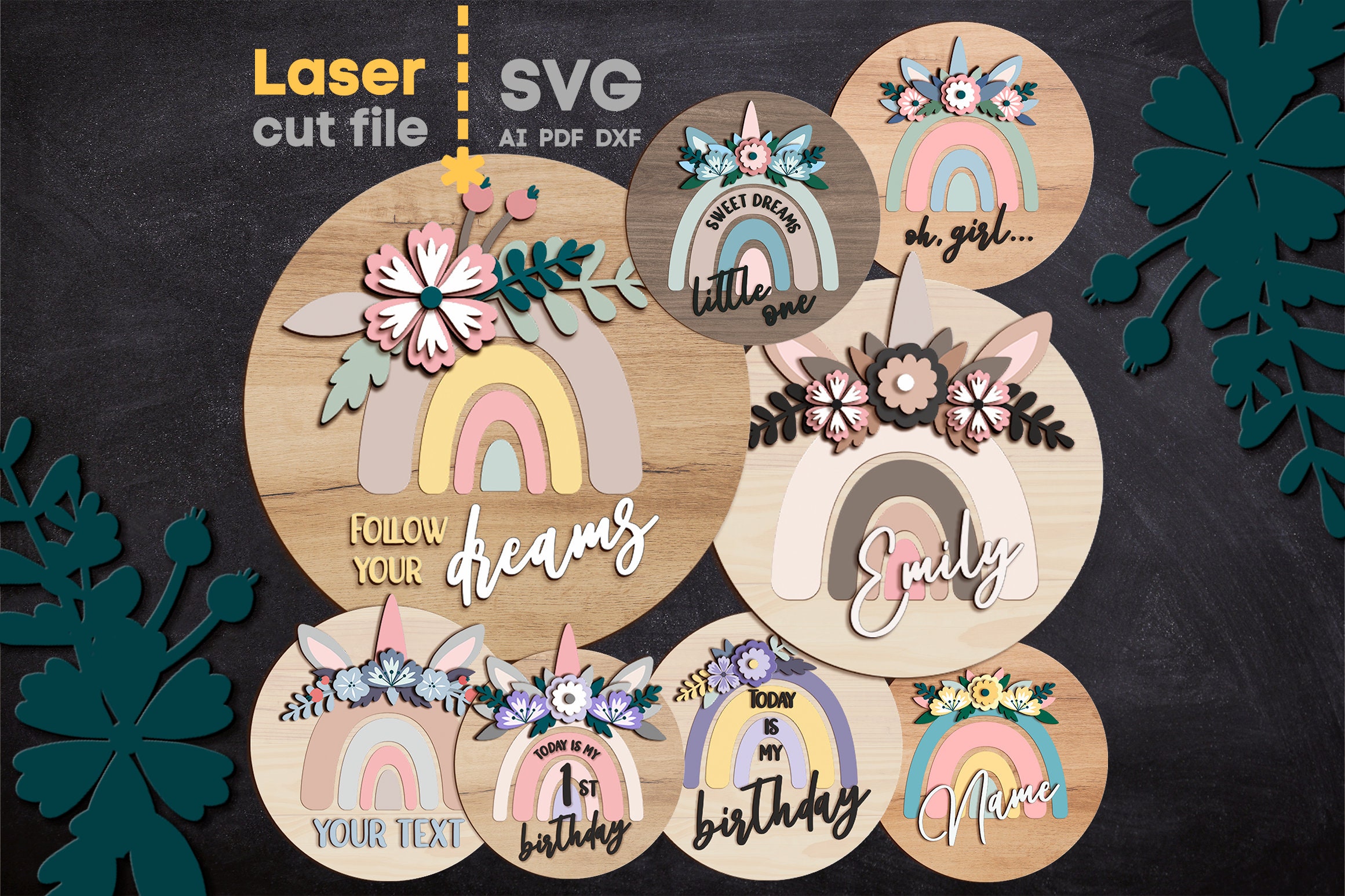 Baby Name Sign SVG Bundle. Laser Cut File Unicorn Rainbow - Etsy