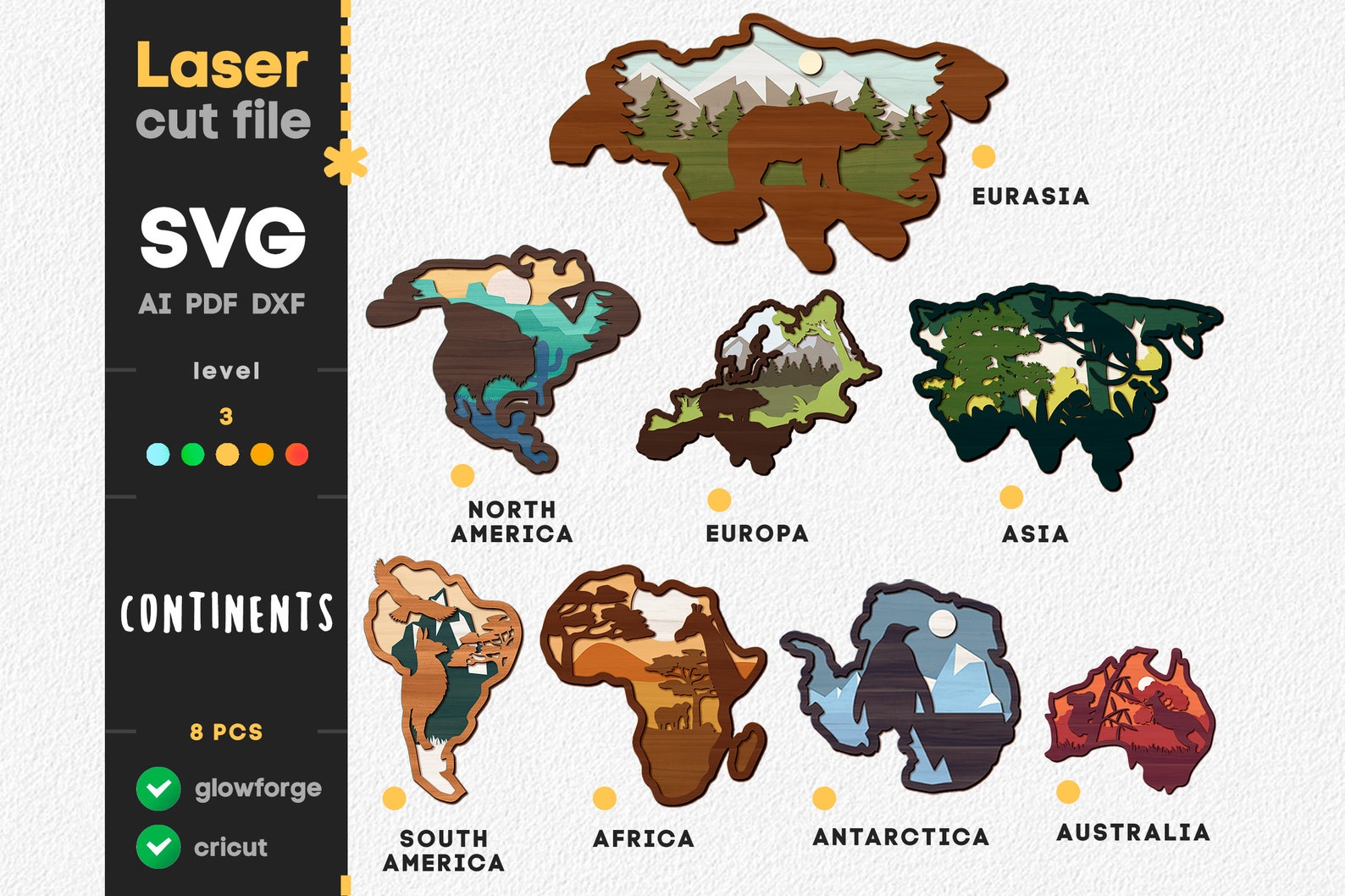 Continents SVG Bundle Laser Cut File Glowforge Cricut South - Etsy