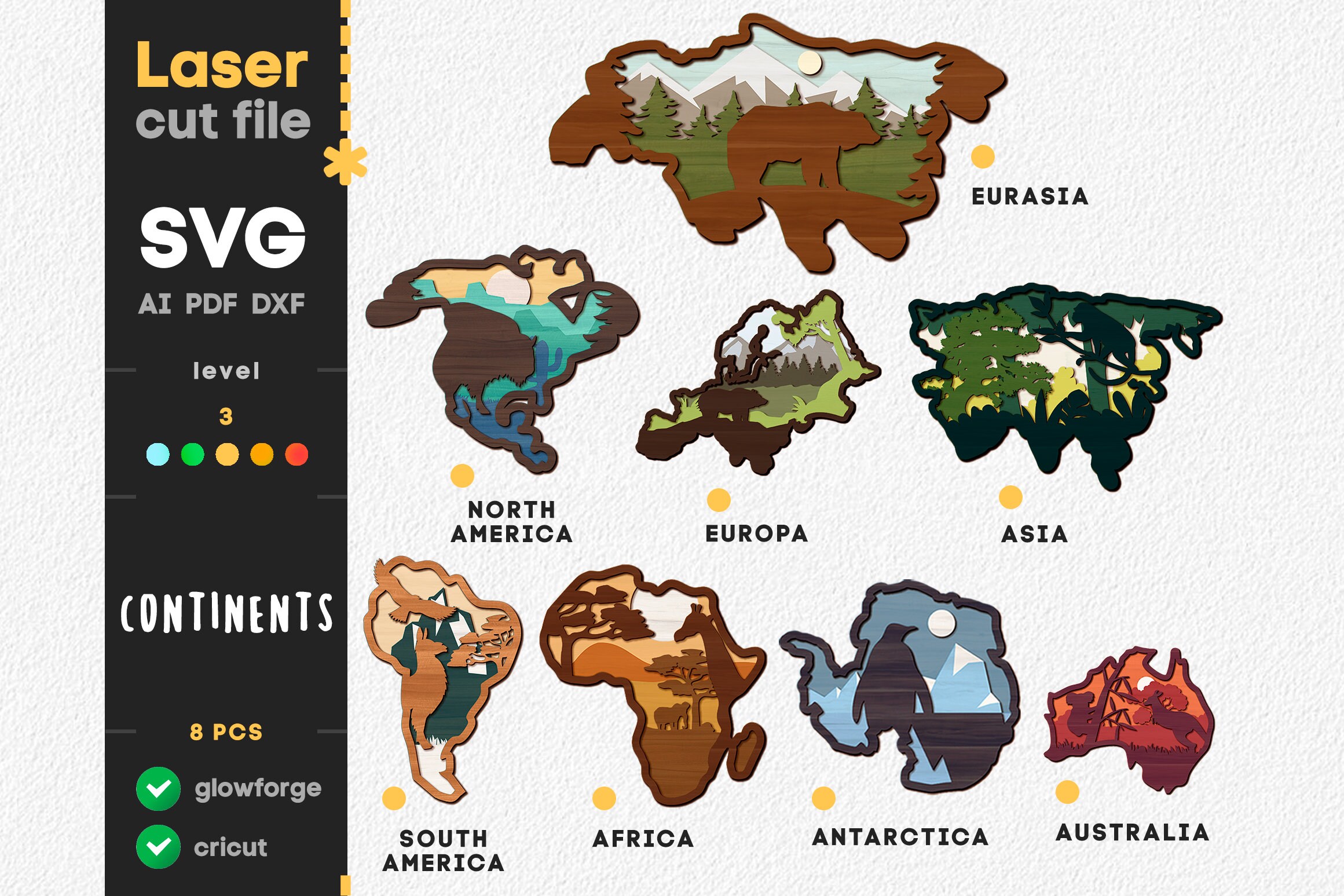 Continents SVG Bundle Laser Cut File Glowforge Cricut South - Etsy