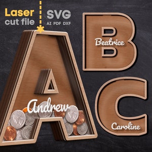 Alphabet Piggy Bank SVG Laser Cut File for Glowforge Name Coin Bank ...