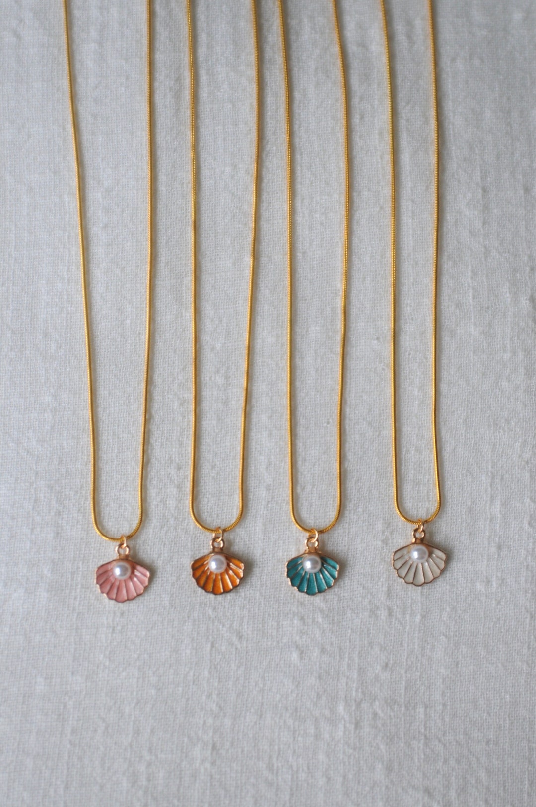 Arabella Necklace Gold Scallop Enamel Shell Necklace, Pearl in Shell ...