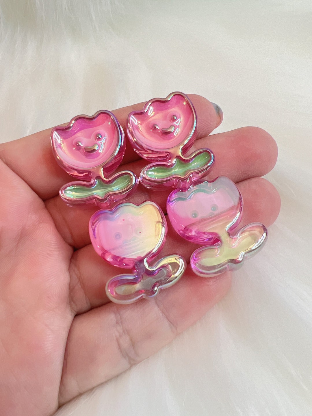 25mm Enamel & Acrylic Flower Beads Kawaii Hot Pink Tulip Beads Aurora ...