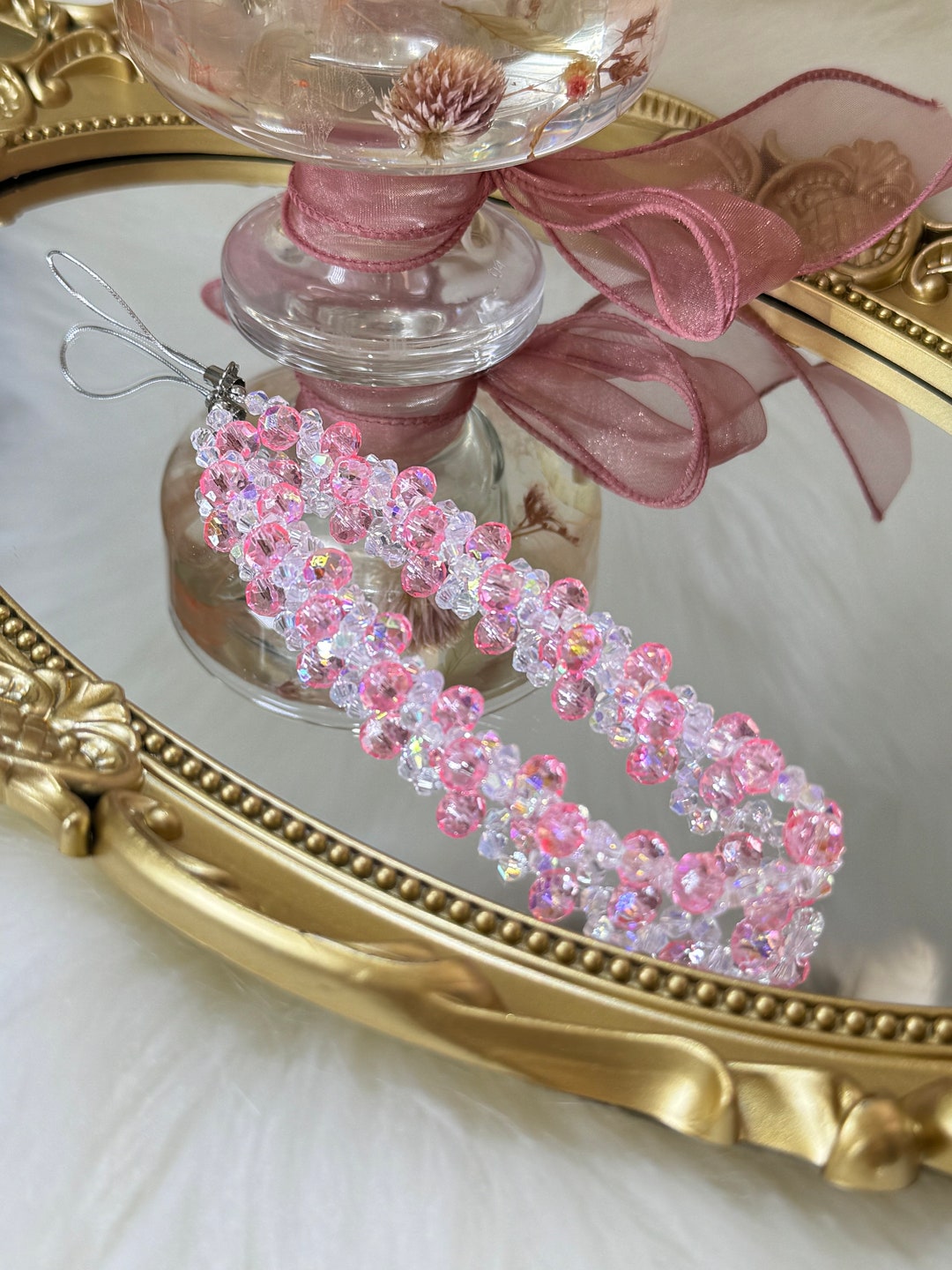 Wide Weave Pink Crystal Shiny Phone Straps Wristlets AB Glass Crystals ...