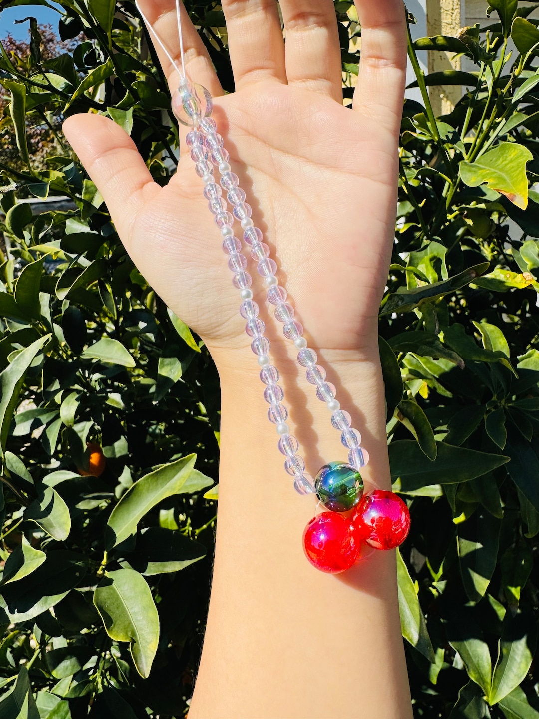 Handmade Red Cherry Shiny Phone Straps Wristlets AB Color Phone Chain ...