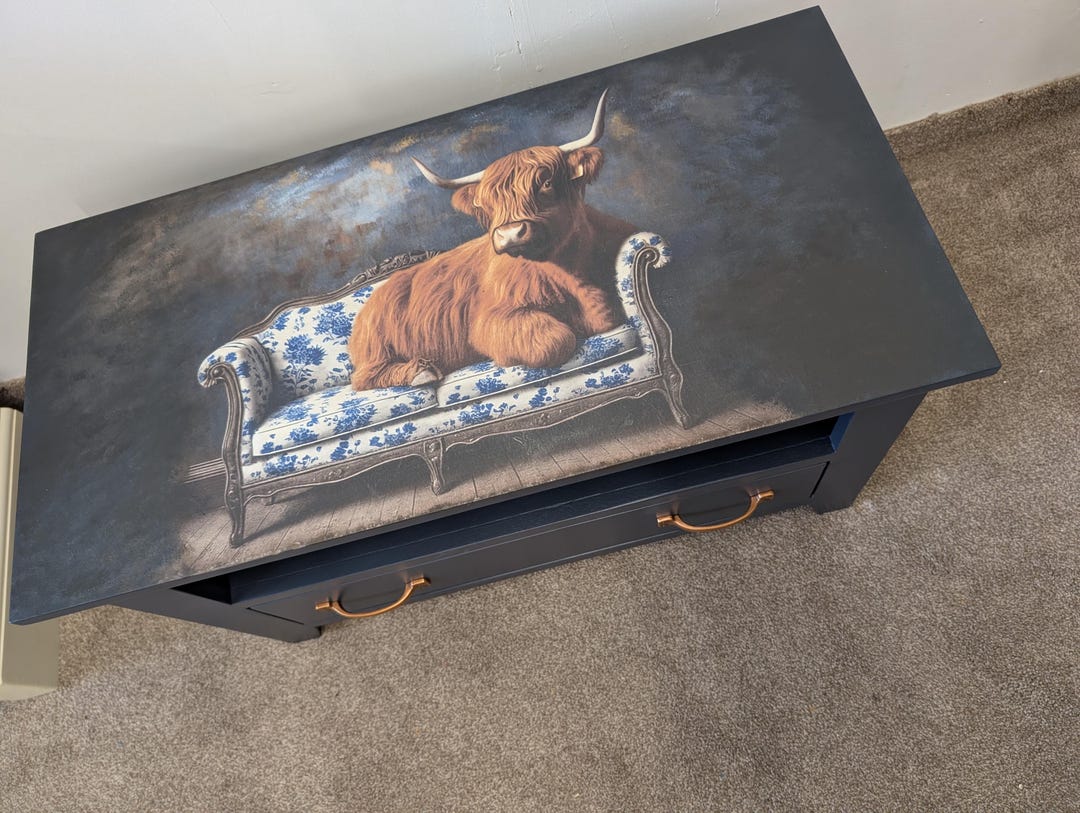 Solid Oak TV Unit | Hand-painted Deep Blue Media Cabinet | Highland Cow ...