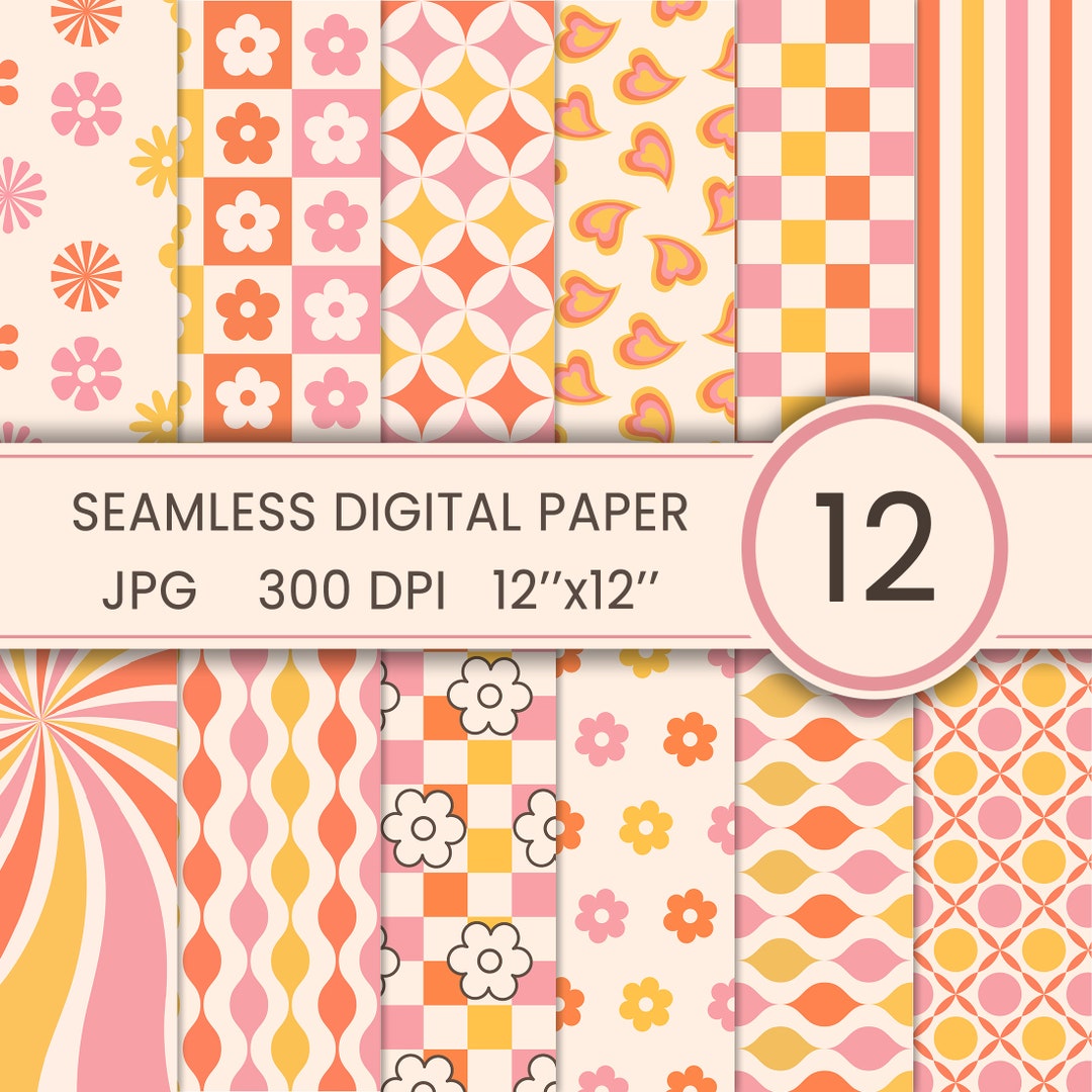 Groovy Digital Paper, Retro Seamless Repeat Pattern Bundle, Commercial ...