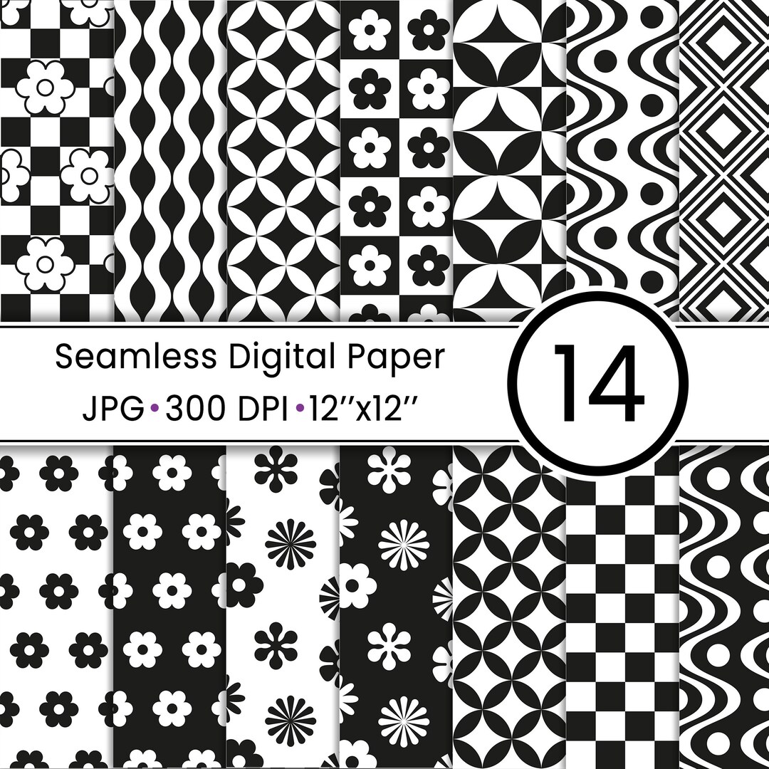 Retro Black and White Digital Paper Pack Groovy Seamless Repeat Pattern ...