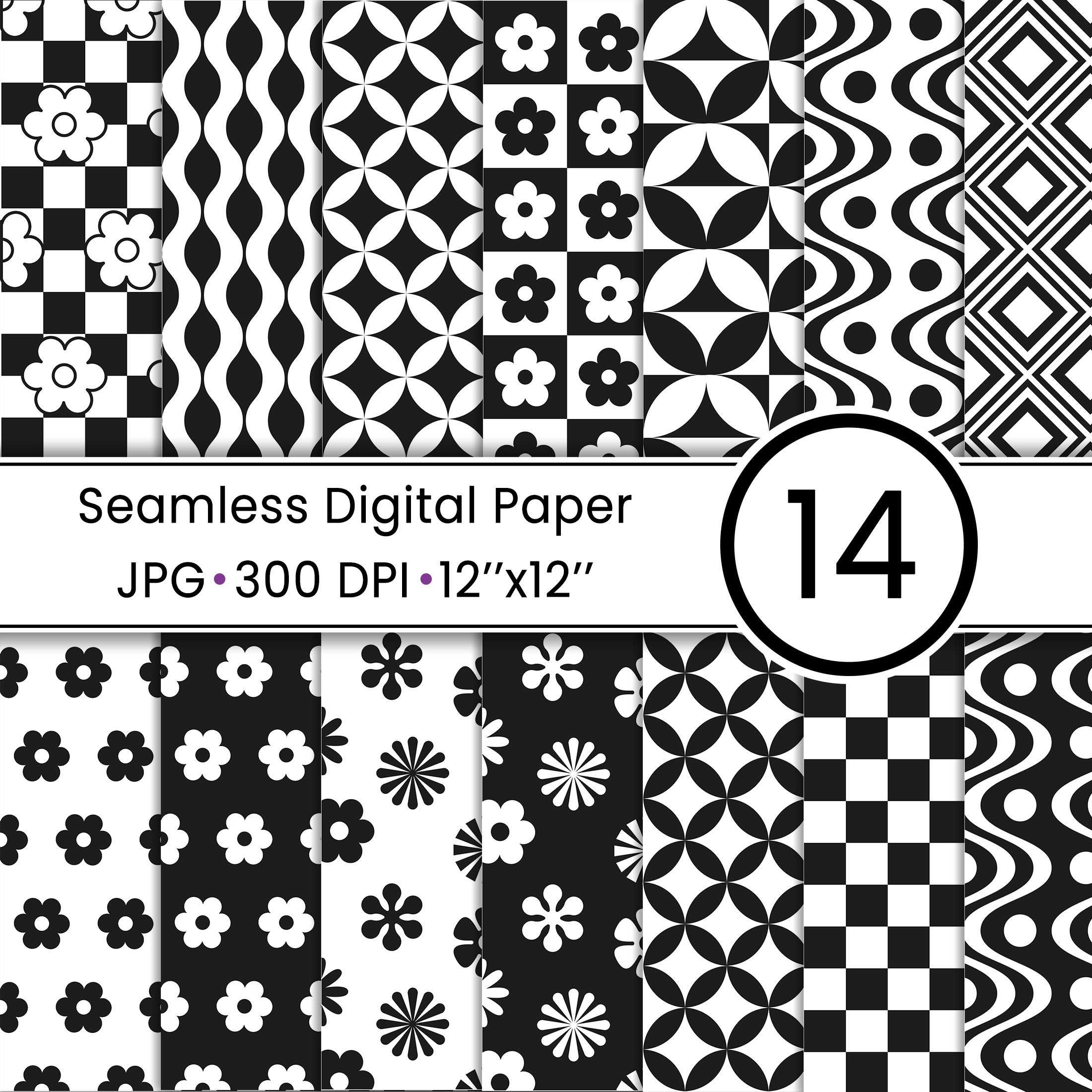 Retro Black and White Digital Paper Pack Groovy Seamless Repeat Pattern ...