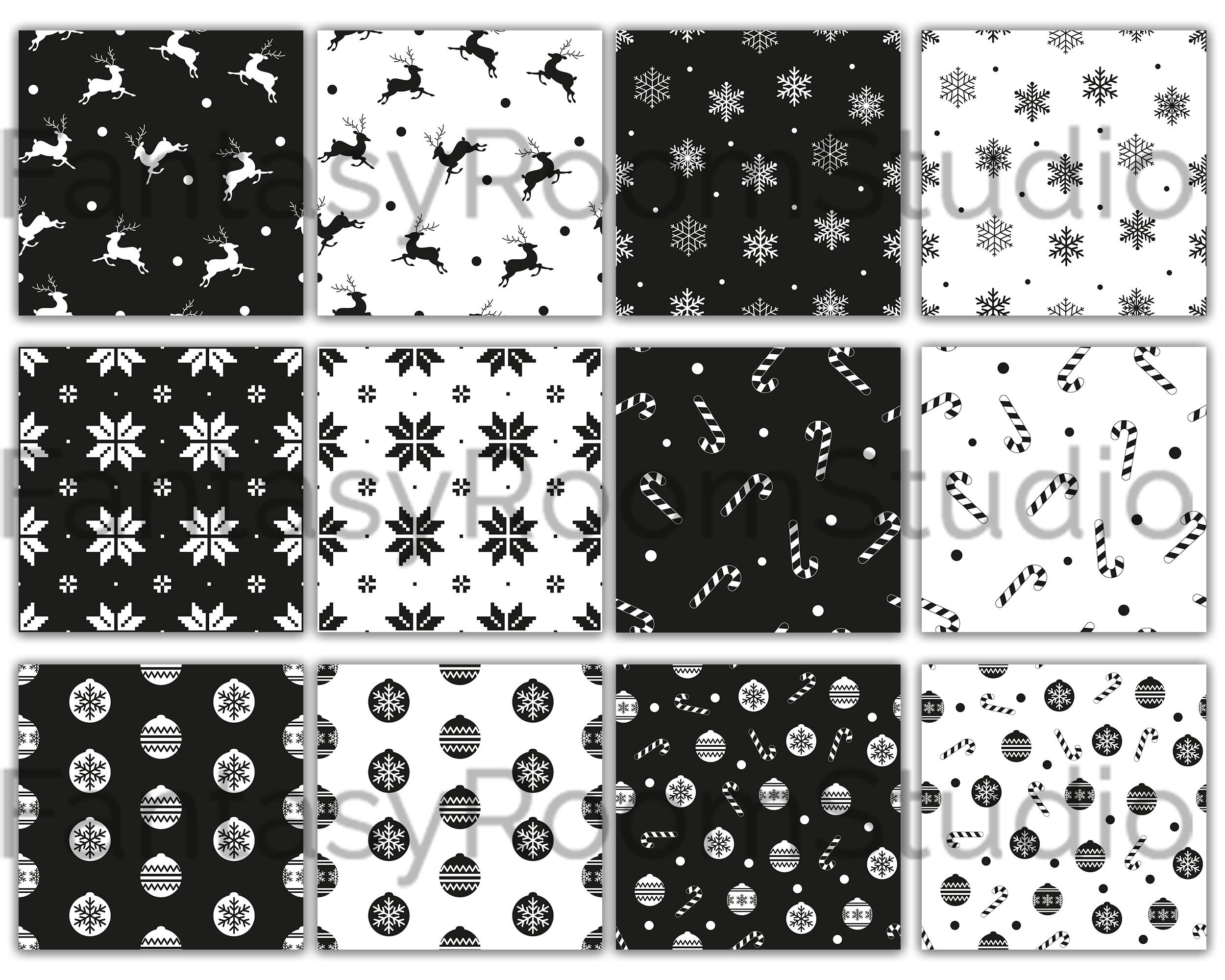Black and White Christmas Digital Paper Bundle, Seamless Repeat Pattern ...