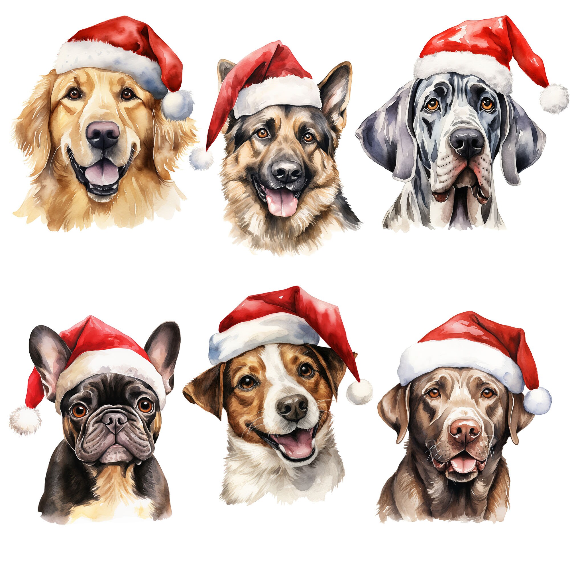 Christmas Dogs Clipart Watercolor Dog in Santa Hat PNG Bundle Digital ...