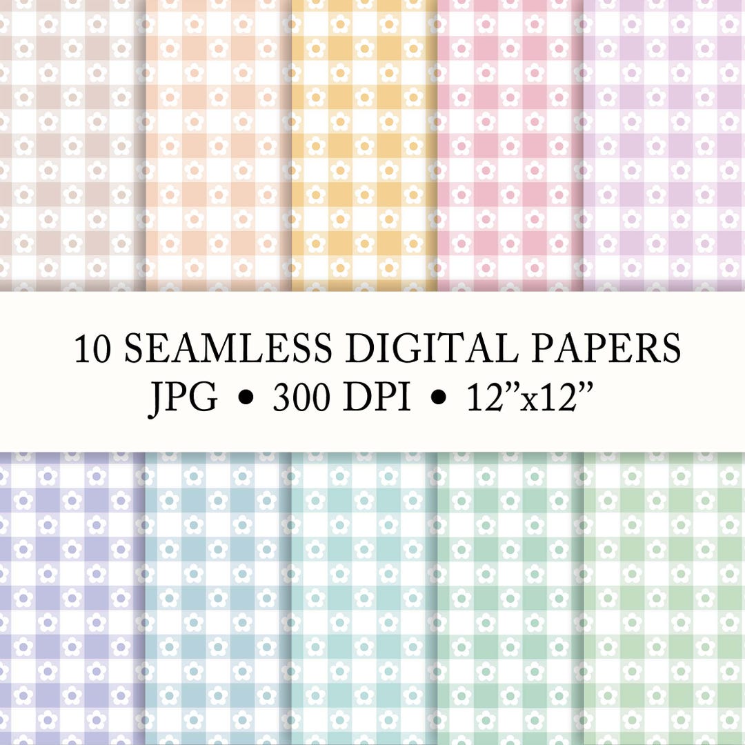 Pastel Baby Digital Papers Pack, Floral Gingham Plaid Seamless Pattern ...