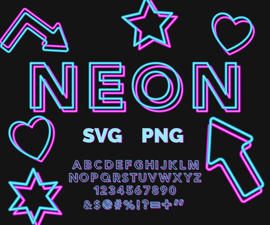 Neon Alphabet PNG SVG Bundle, Retro Glow Letters Clipart, Bright Neon ...