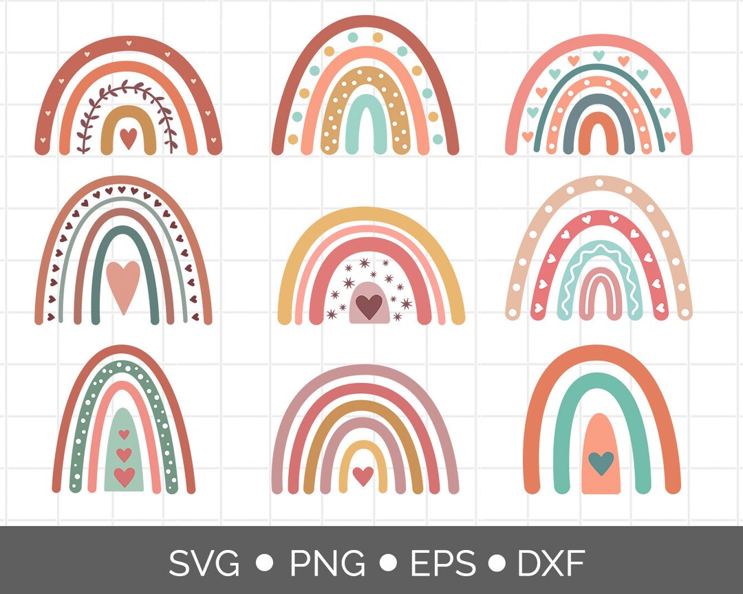 Boho Rainbow Svg Bundle, Boho Rainbow Clipart, Cute Rainbow Svg, Hand ...