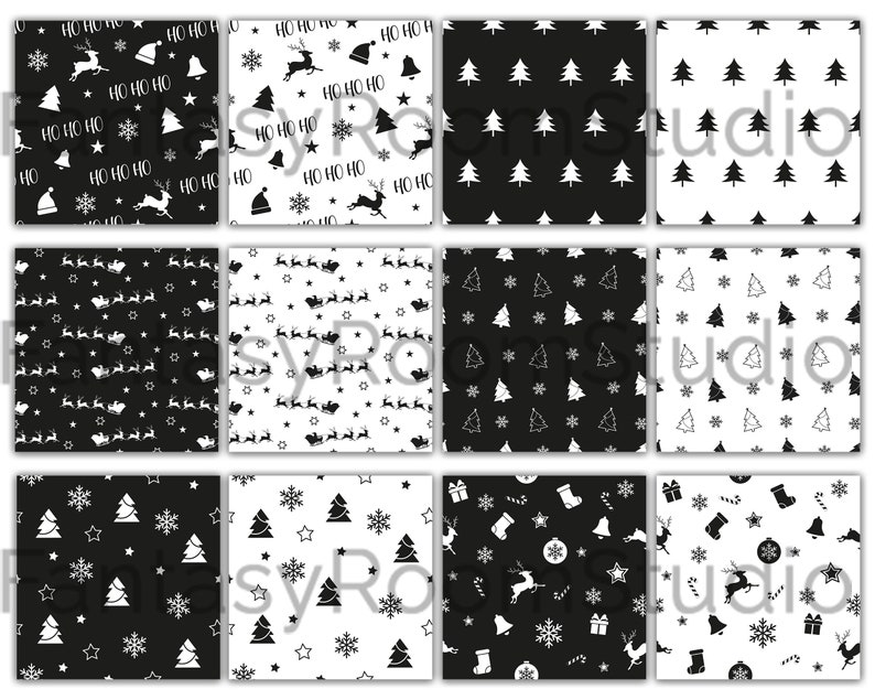 Black and White Christmas Digital Paper Bundle, Seamless Repeat Pattern ...