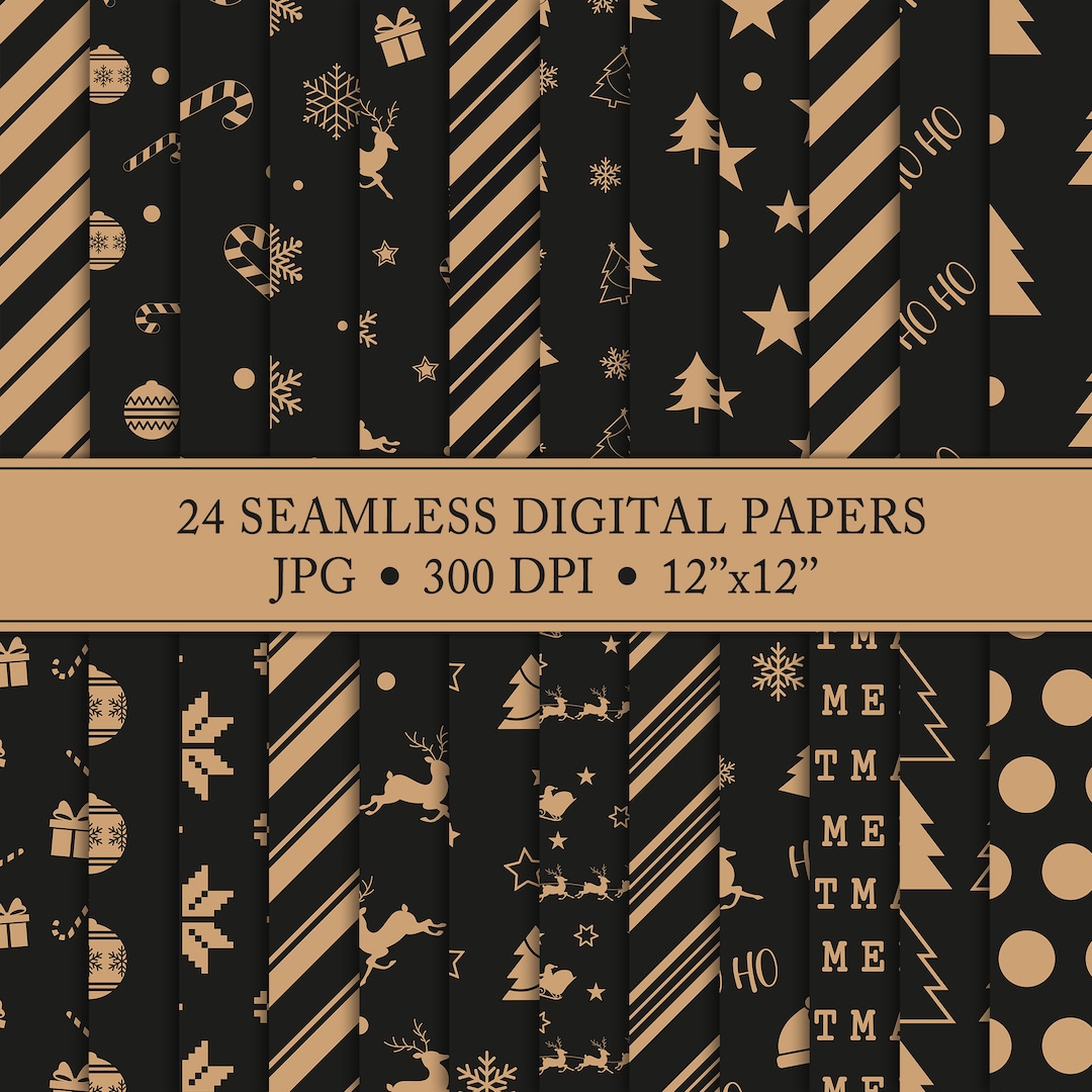 Black and Gold Christmas Digital Paper Bundle, Seamless Repeat Pattern ...