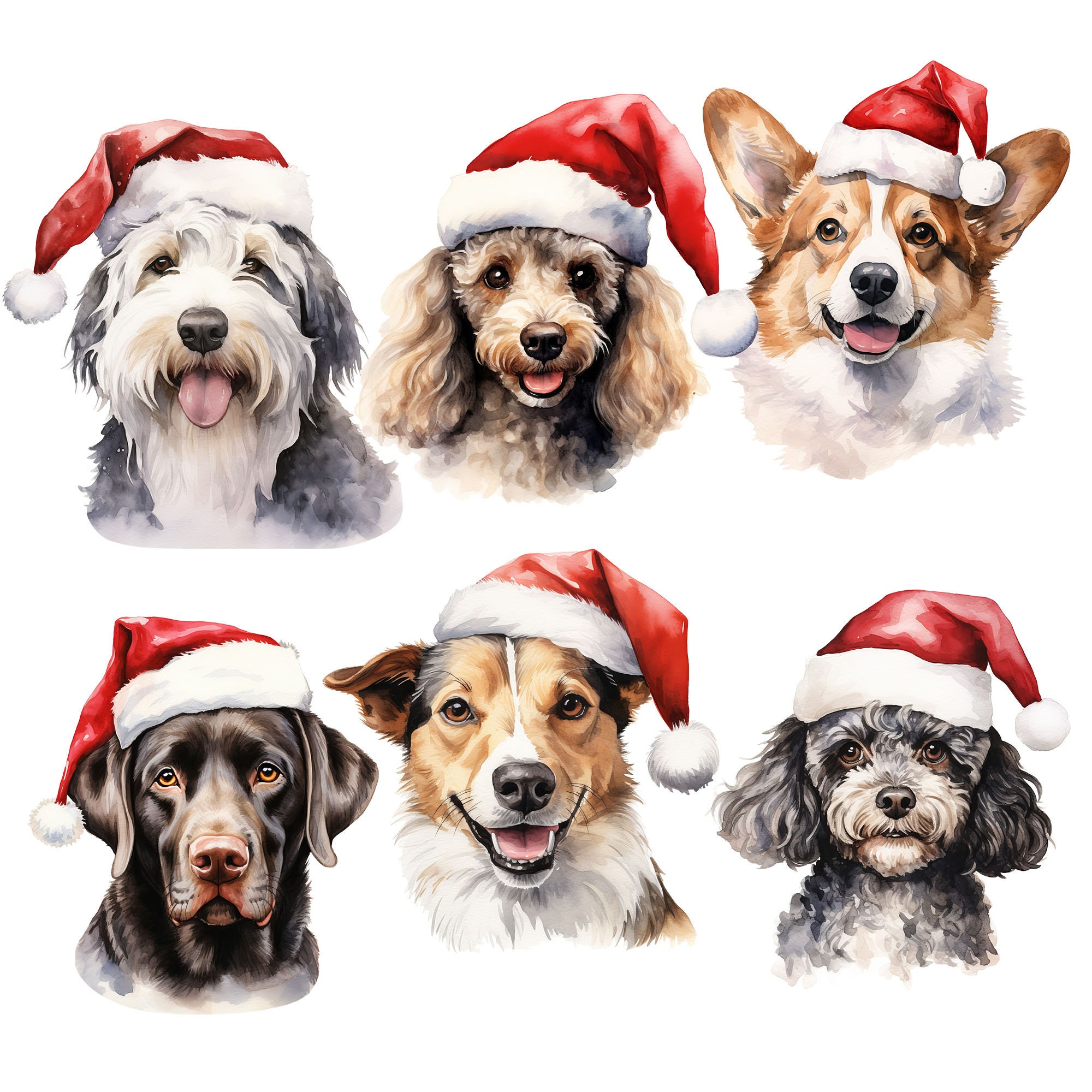 Christmas Dogs Clipart Watercolor Dog in Santa Hat PNG Bundle Digital ...