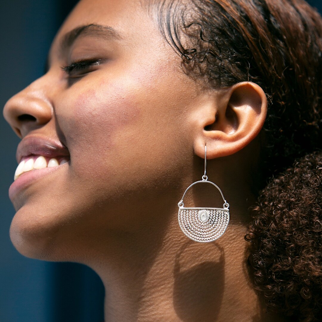 እርባን - Silver Filigree Half-circle Drop Earrings - Etsy