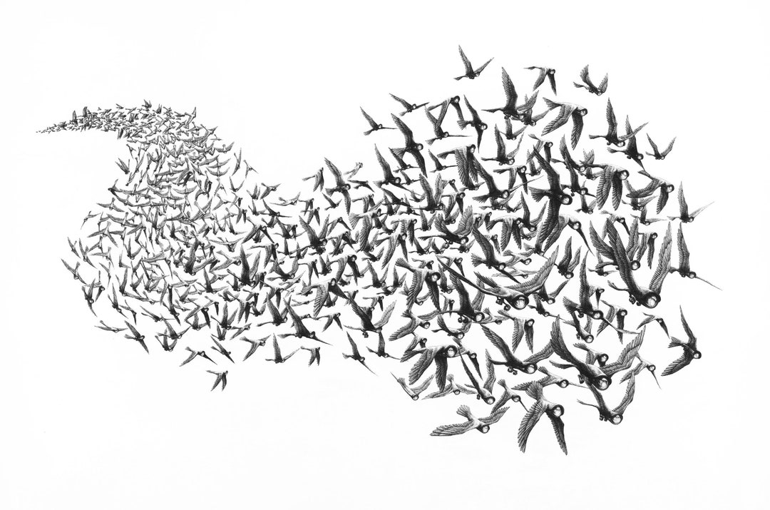 Flying Flock of CCTV Surveillance Birds Art Print: Surreal Cross ...