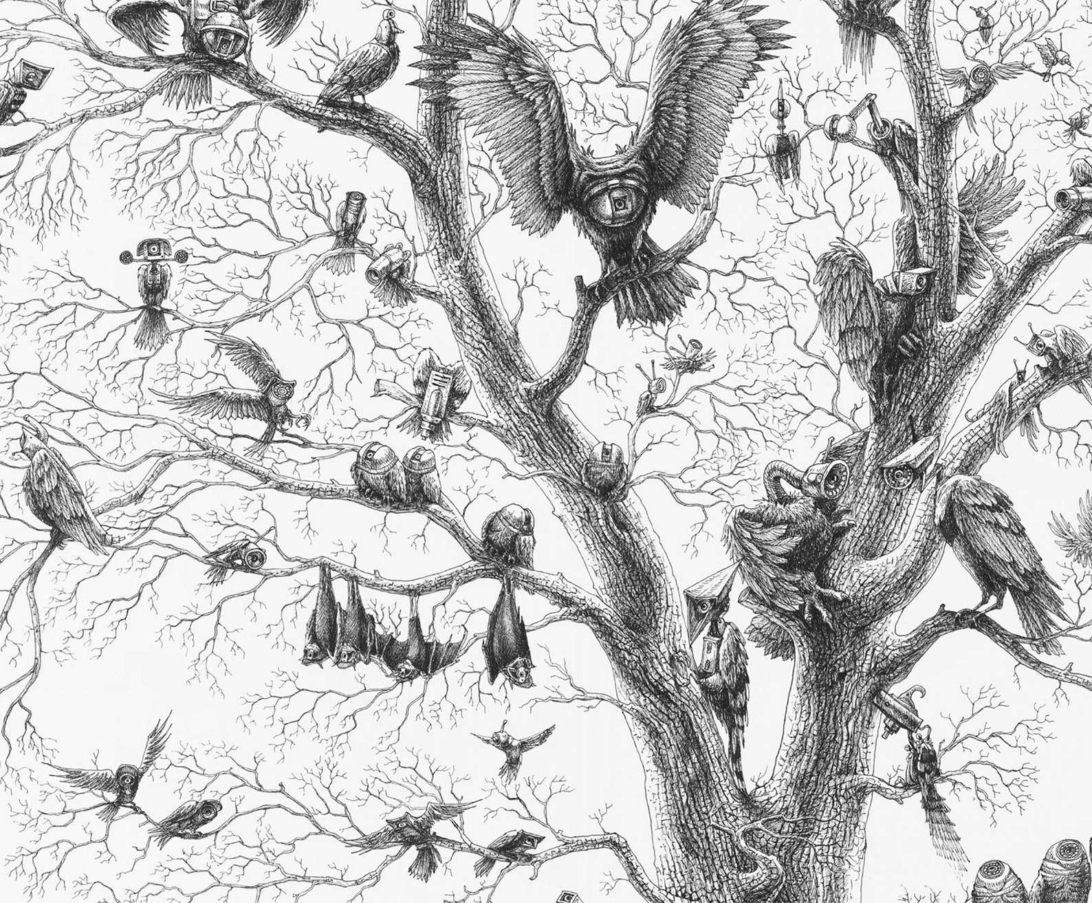 Tree With Birds Cross-hatching Art Print 420x297mm 16.5x11.7 Inches ...