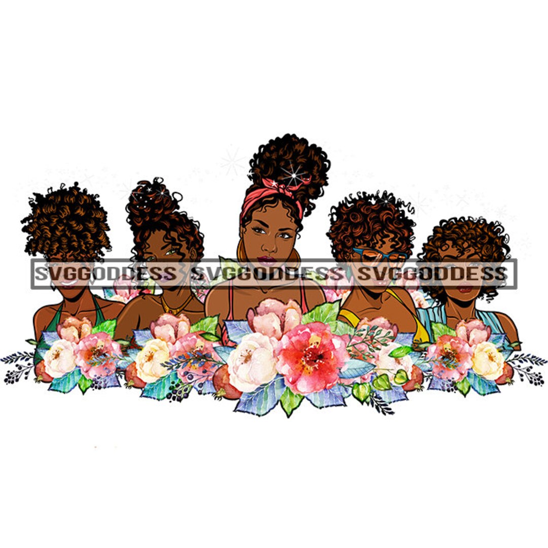 Afro Group of Black Women Flowers Decoration Friends Melanin Nubian ...