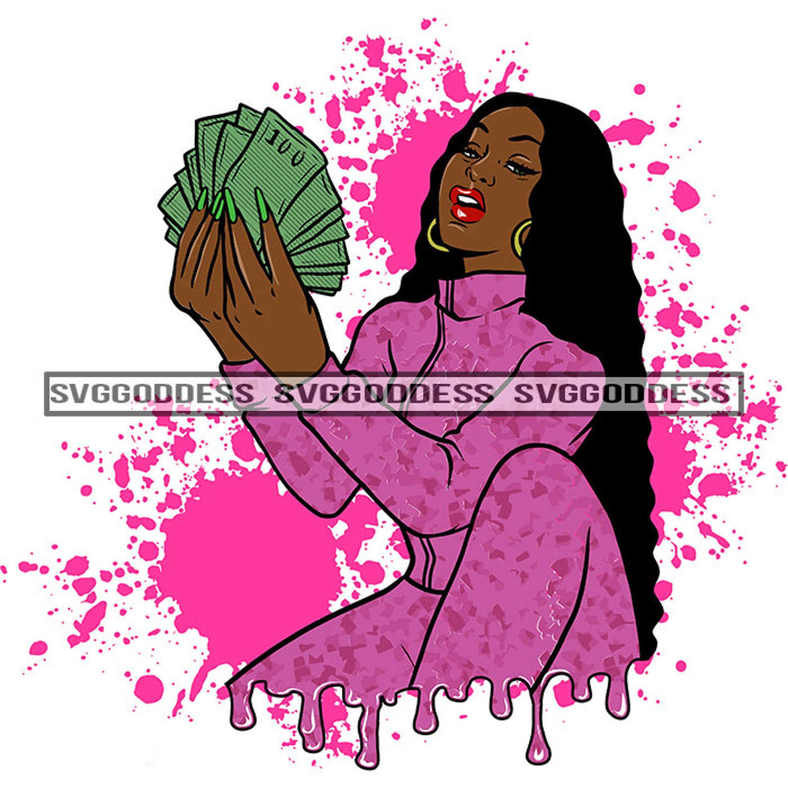 Afro Woman Fanning Money Fuchsia Splatter Background Dripping | Etsy