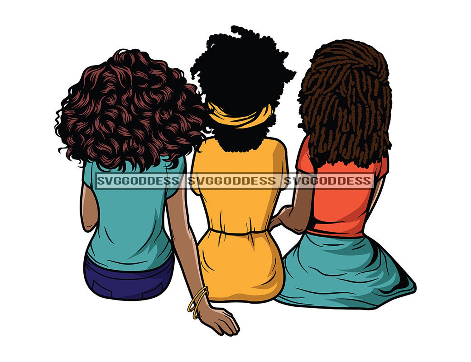 Three Women Friends Sitting Together Friendship Back View Afro ...