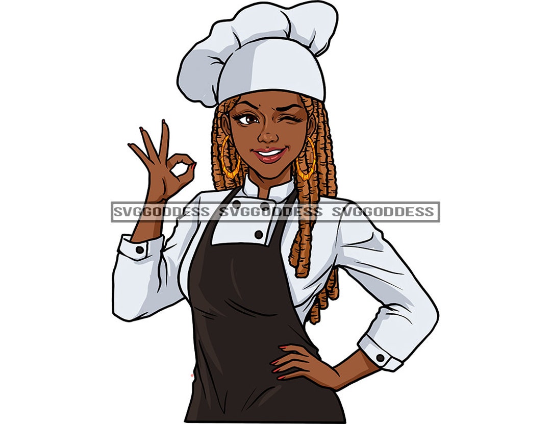 Afro Sexy Woman Chef Winking Hand Gesture Hat Uniform Apron Culinary ...