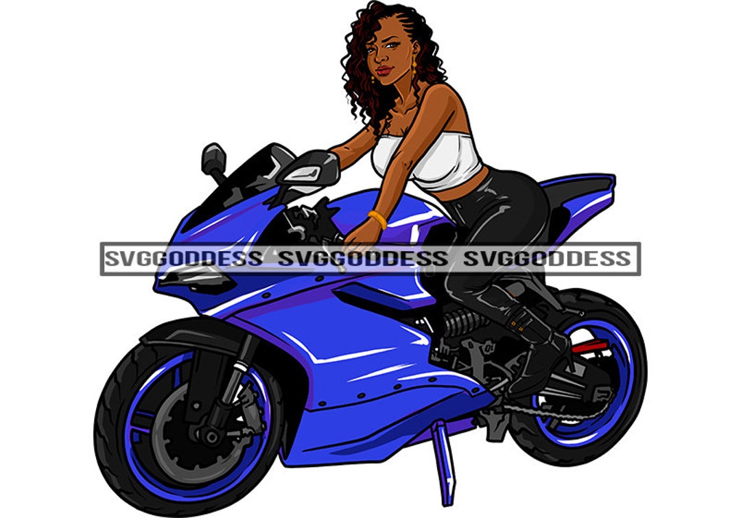 Afro Woman Riding Blue Motorcycle Gorgeous Biker Scooter Queen Nubian ...