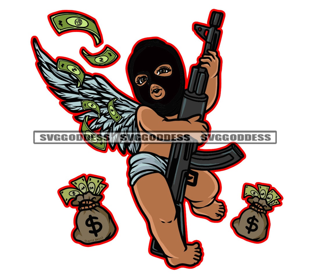 Gangster Baby Angel Boy Wearing Ski Mask Burglar Holding Riffle Wings ...
