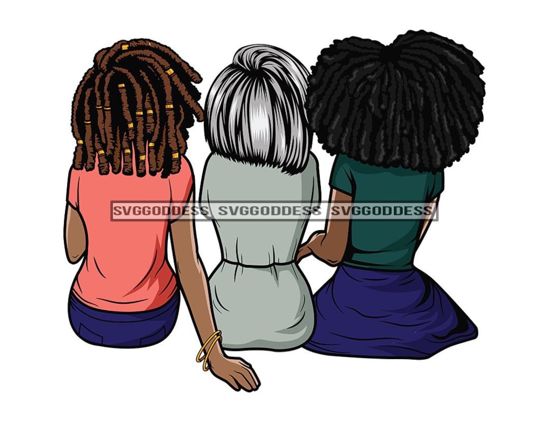 Three Women Friends Sitting Together Friendship Back View Afro ...