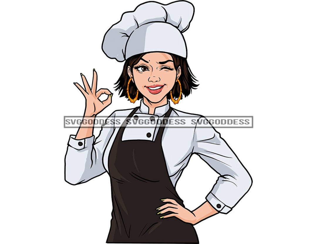 White Sexy Woman Chef Winking Hand Gesture Hat Uniform Apron Culinary ...