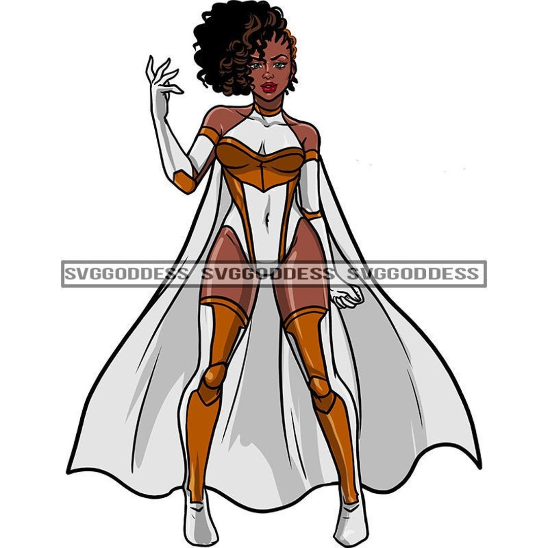 Afro Woman Super Hero Cartoon Character Strong Body Suit Goddess ...