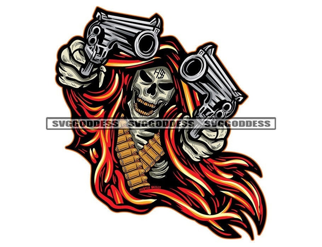 Skeleton Skull Holding Guns Firearms Creepy Bones Scary Spooky Horror ...