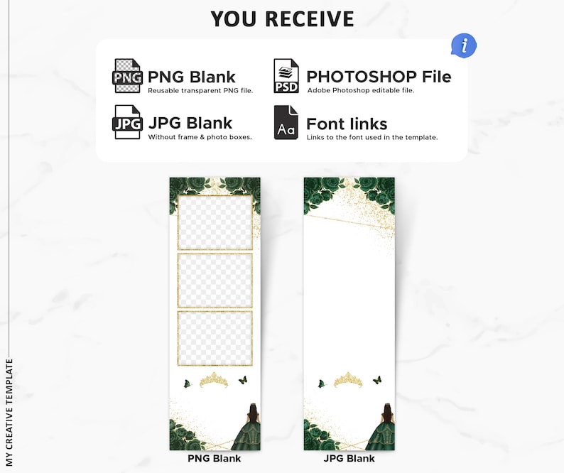 Emerald Quinceañera Photobooth Template | Green Princess Dress | Sweet 16 | 2x6 Strip Photo ...