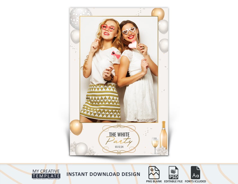 Photo Booth Template, White Party Photo Booth Template, Gold Photo ...