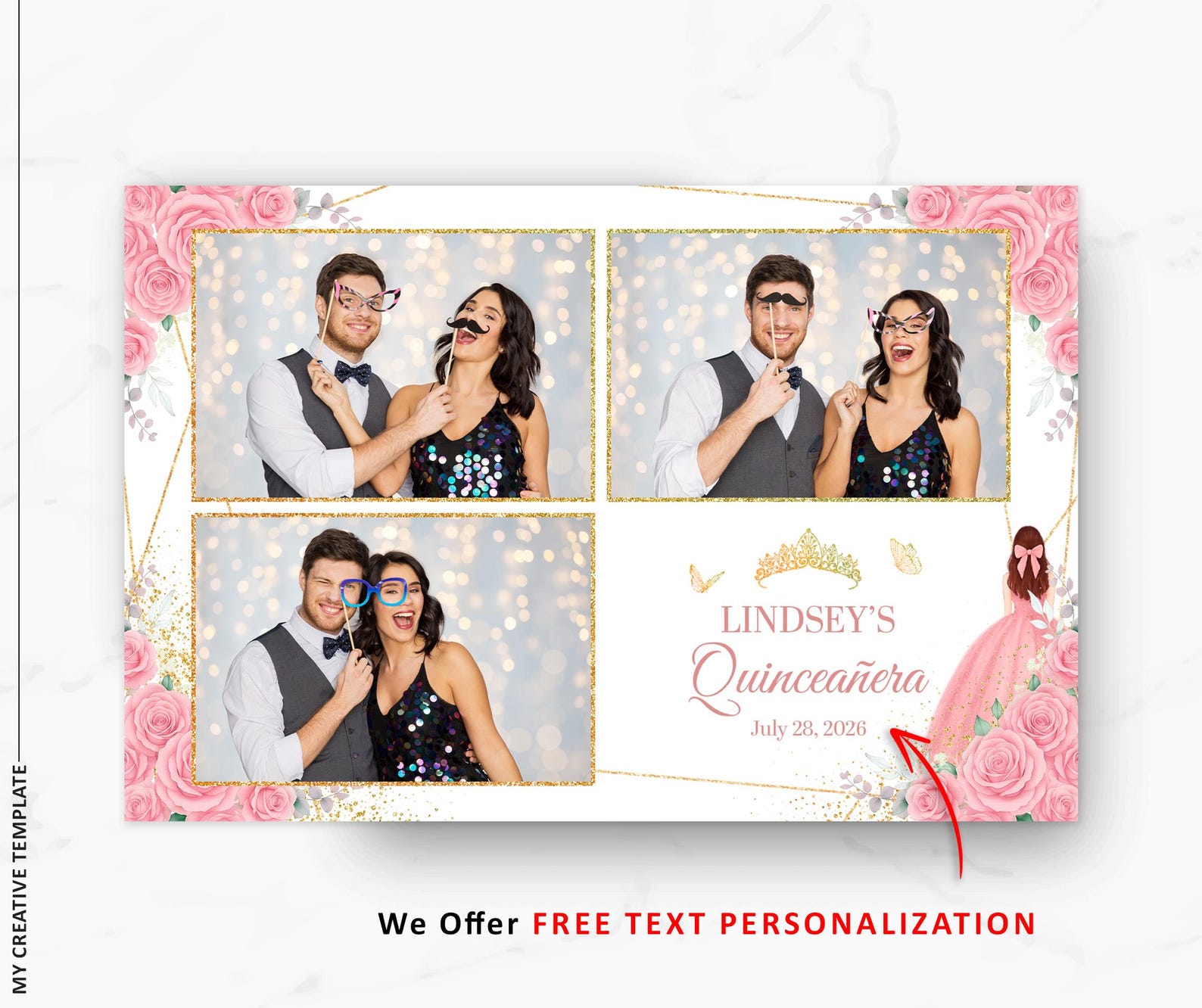 Quinceanera Photobooth Template | Pink Floral & Gold Glitter | 4x6 ...