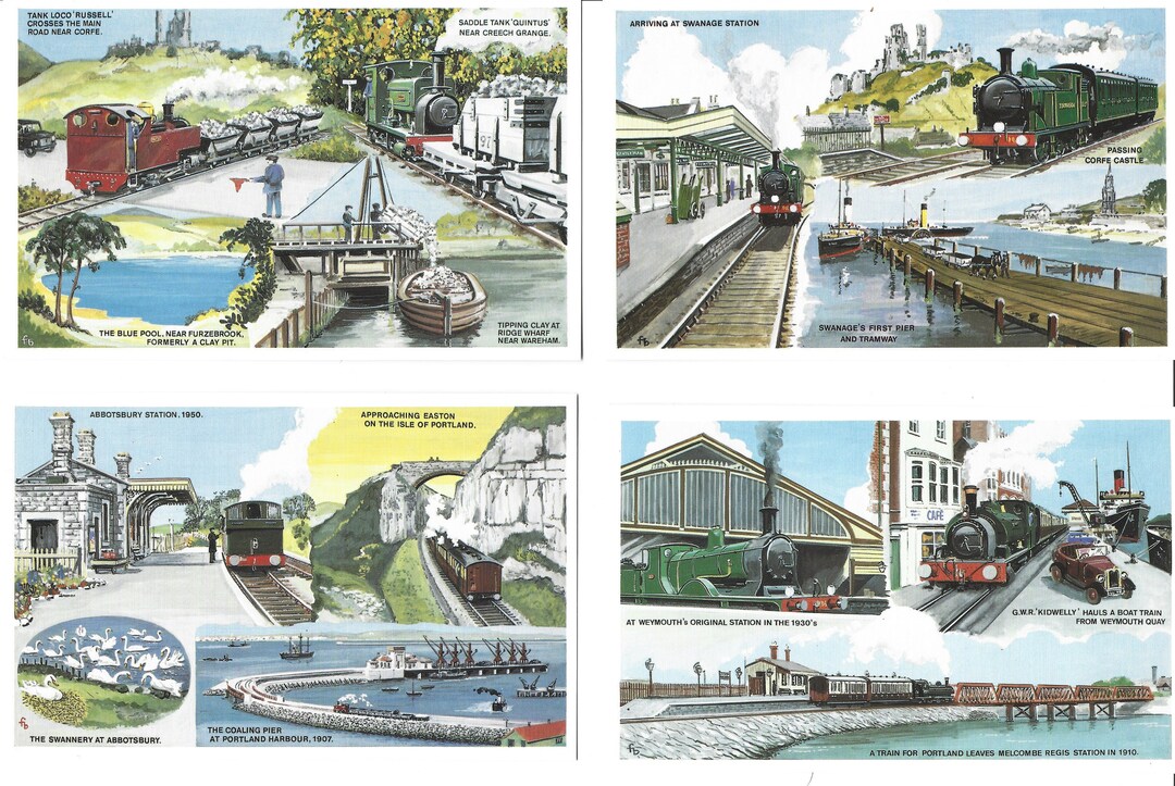 Steam Trains in Dorset Postcards. Set of 6 in Beautiful Illustrated ...