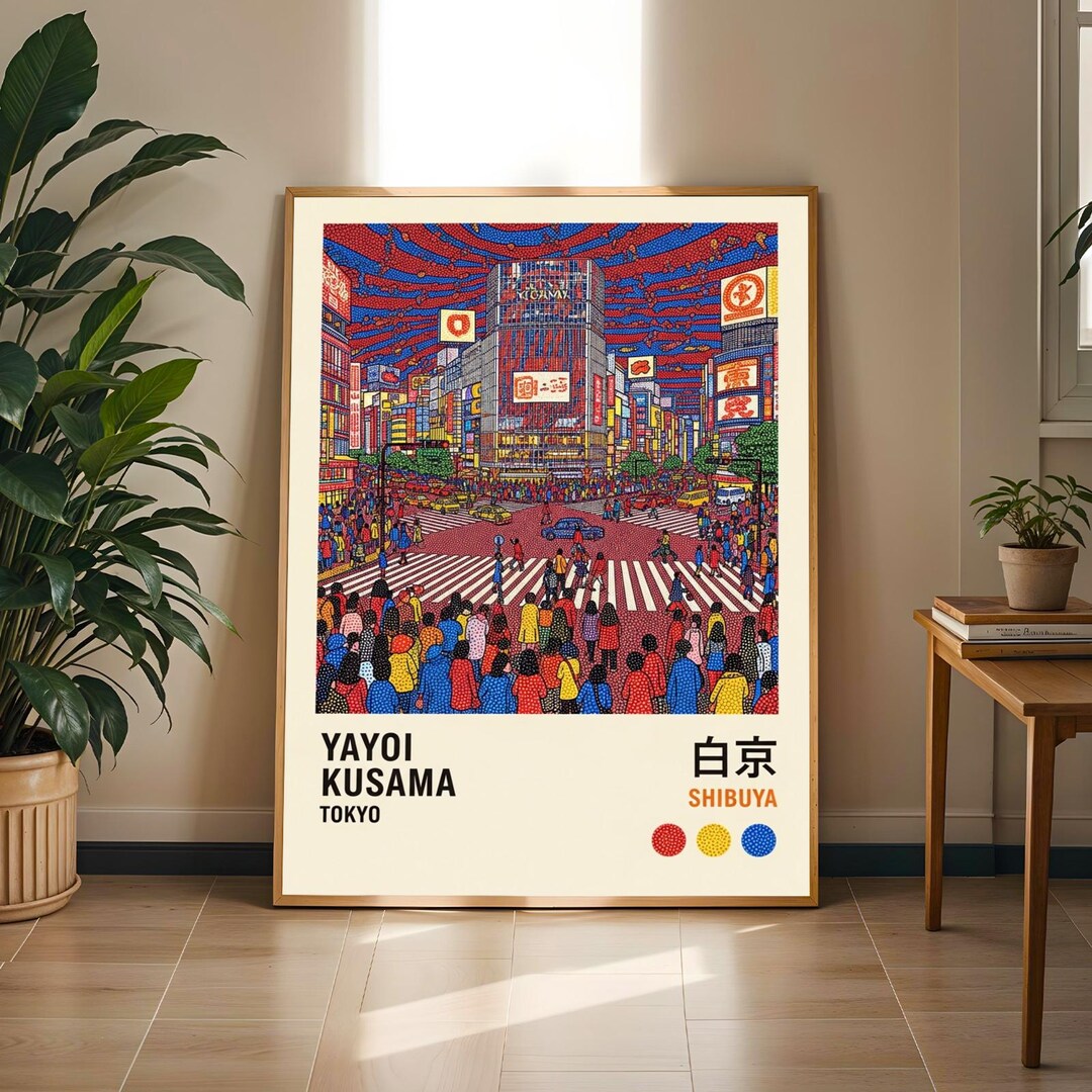 Tokyo Shibuya Crossing Art Print: Red, Blue, and Yellow Dotwork Poster ...