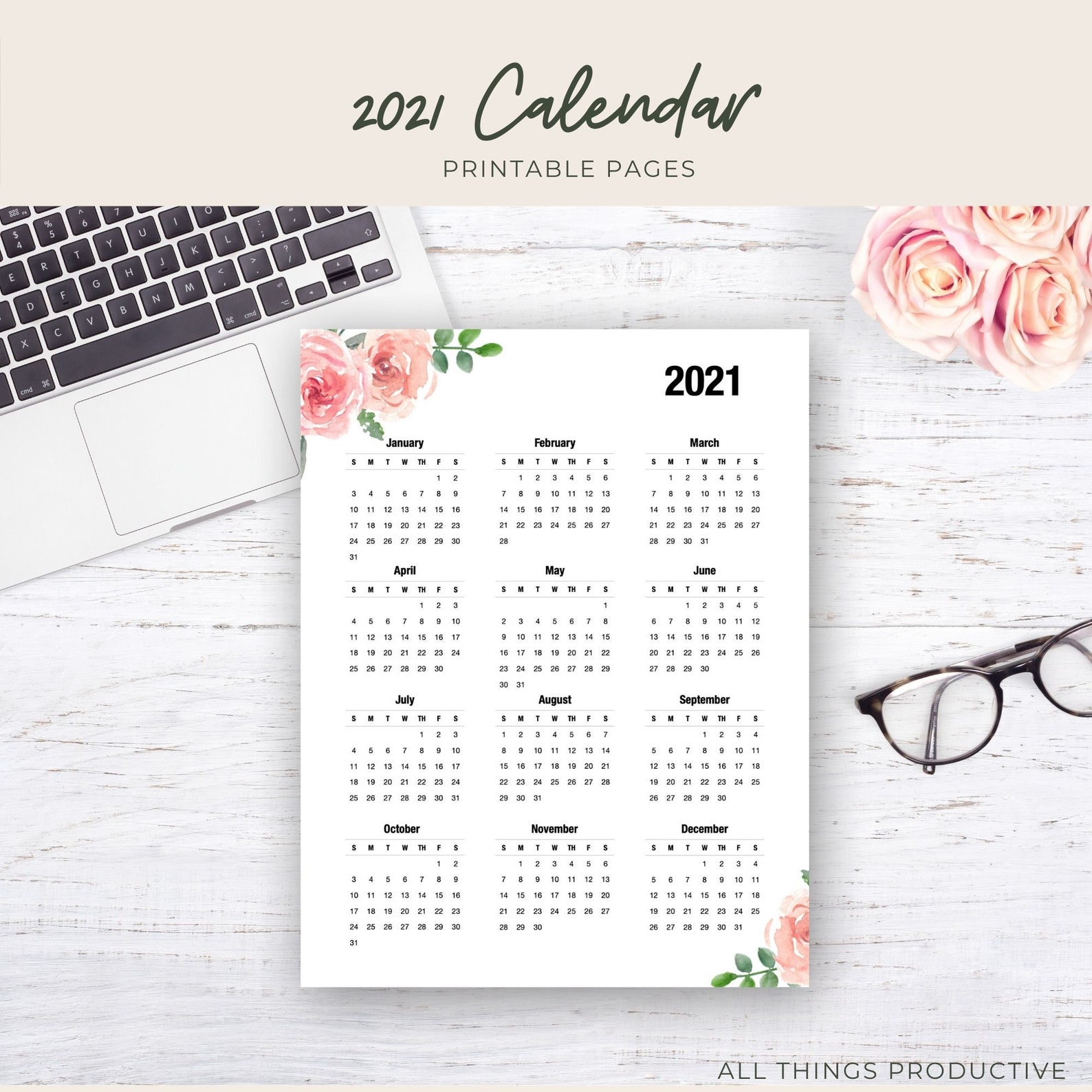 2021 Calendar Printable Overview Desk Calendar Minimalist | Etsy