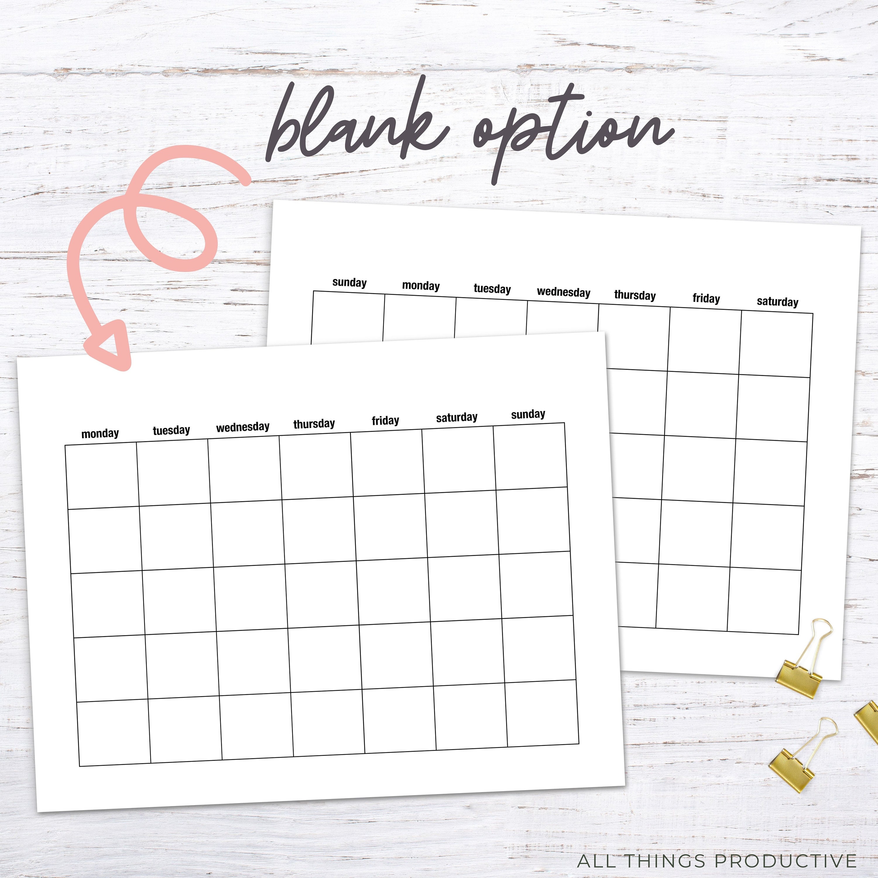 Blank Monthly Calendar Printable, Minimalist, Wall Calendar, Desk ...