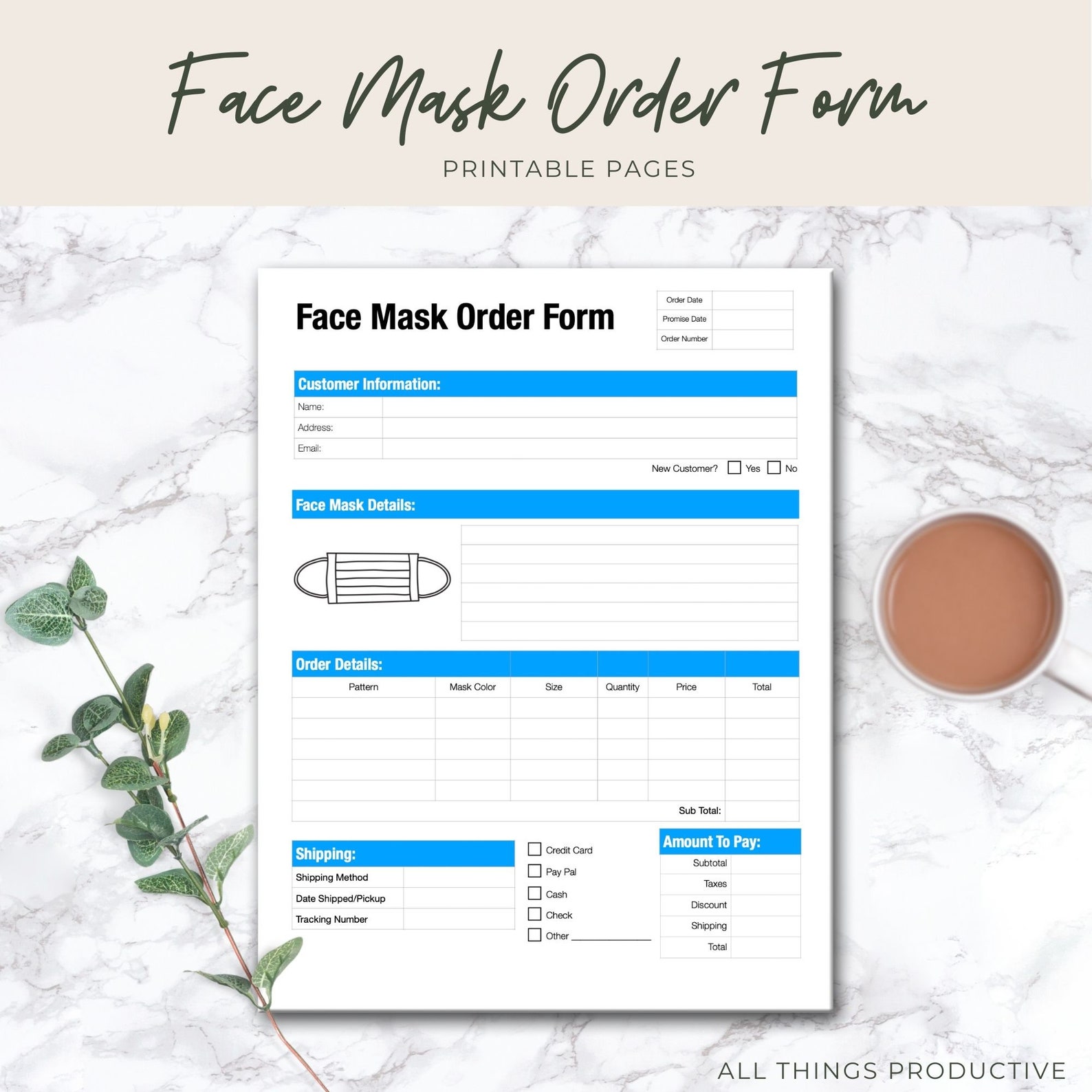 Face Mask Order Form Printable, Custom Order Form, Craft Order Form ...