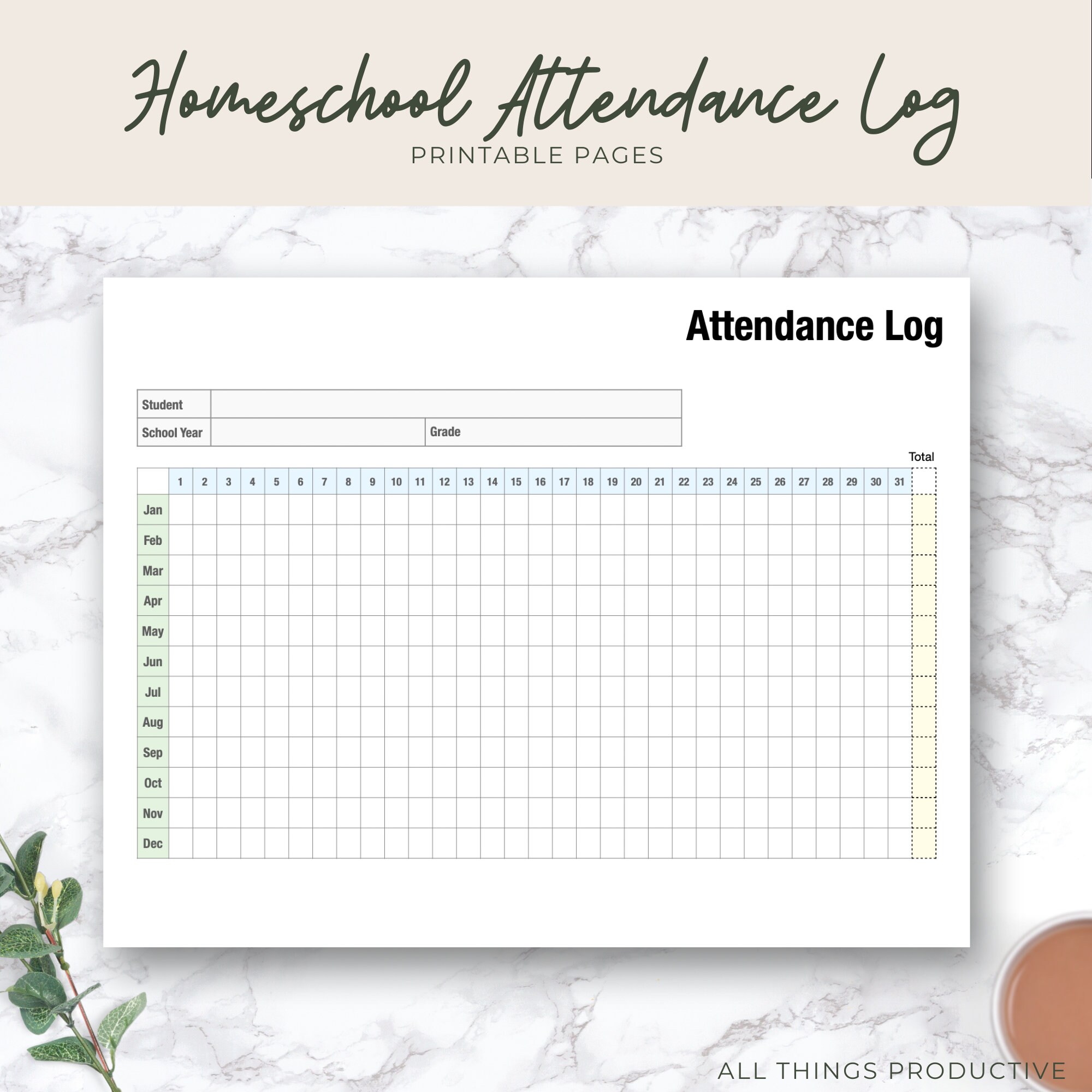 Homeschool Attendance Log Printable, Homeschool Planner, Teacher ...