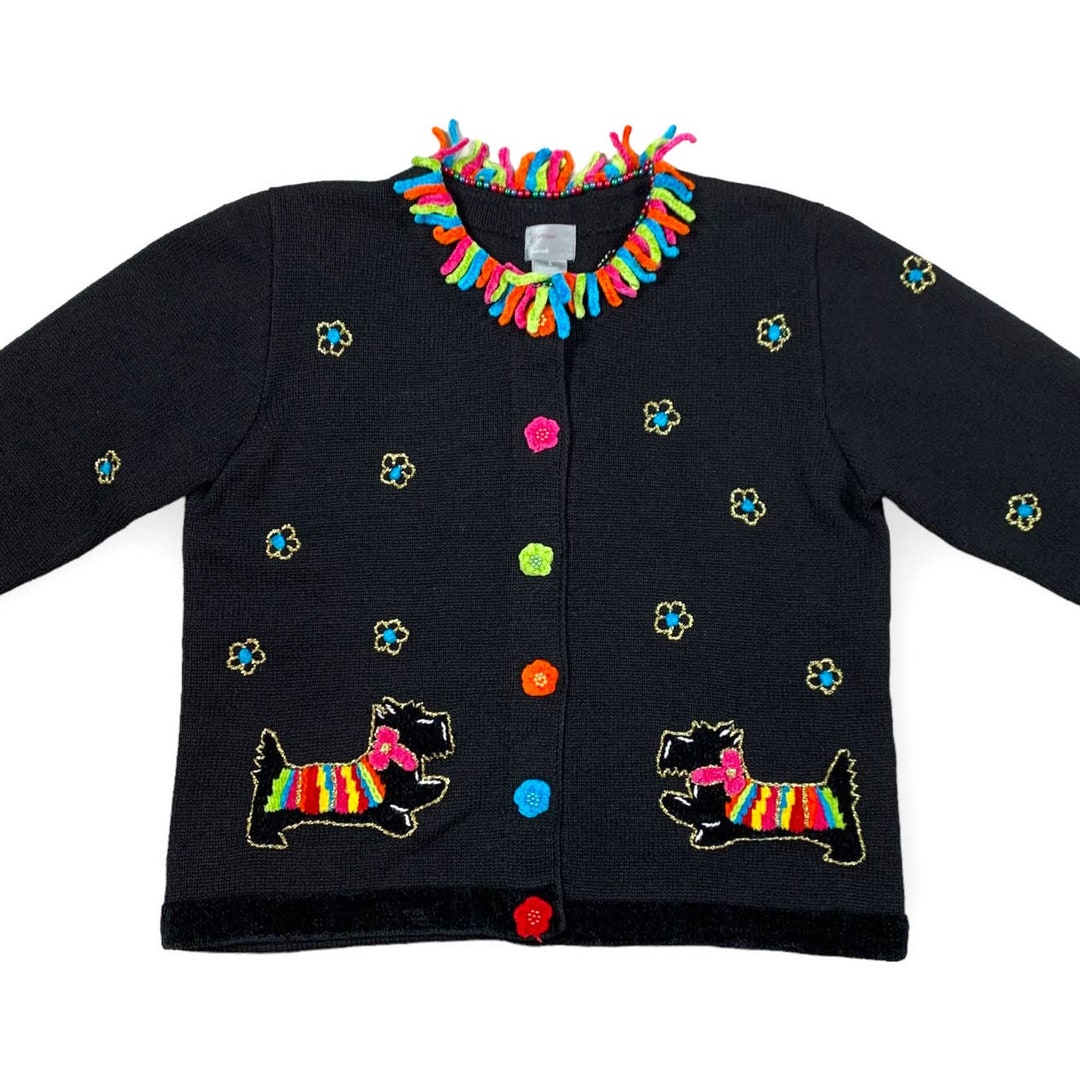 Vintage 90s Y2K Berek Black Scottie Dog Floral Beaded Embroidered ...