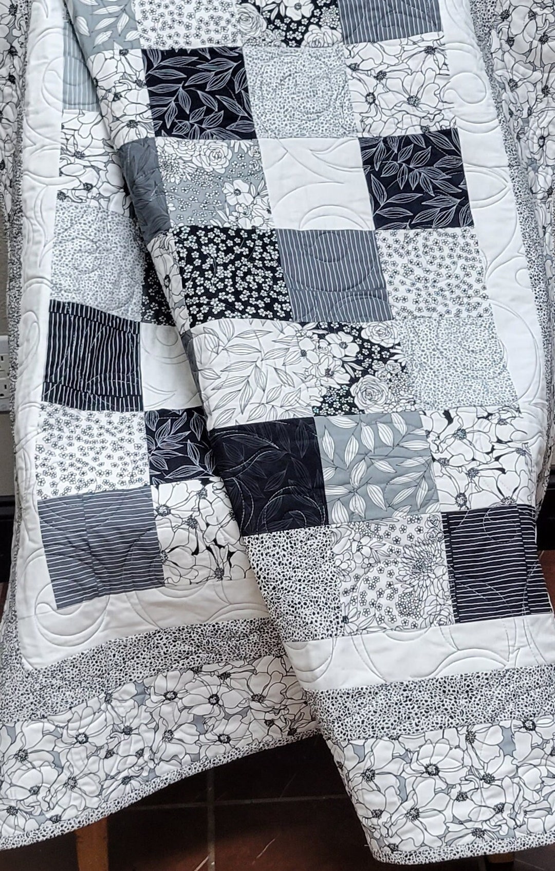 Black & White Handmade Quilt, Illustrations by Alli K, Handmade Throw ...
