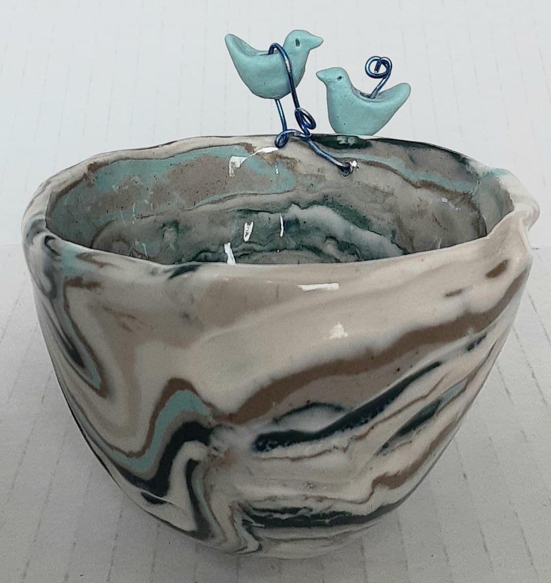 Handcrafted "off the Rim" Glazed Marbled Clay Art Bowl With Birds 2.5 ...