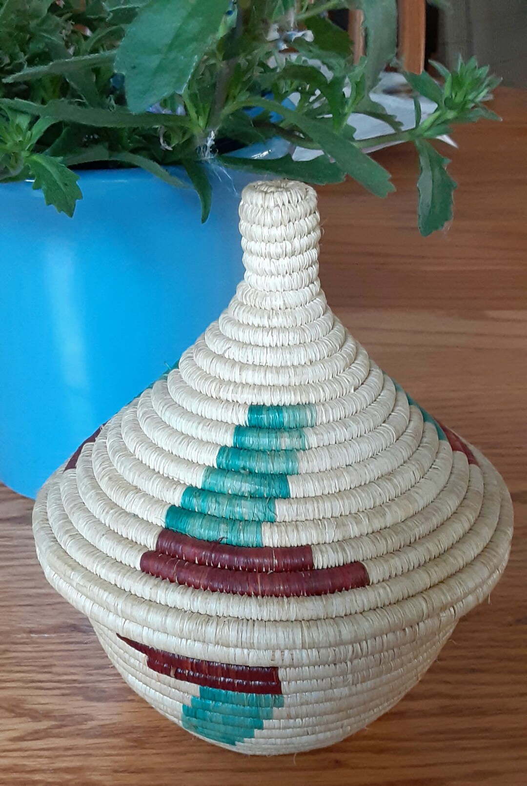 Raffia Basket: African Coffee Bean Storage, Teal & Brown - Etsy