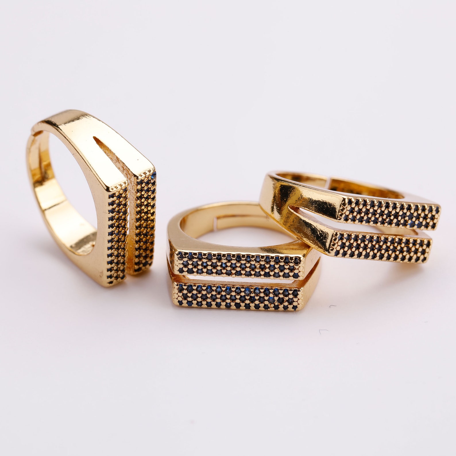 Saphire CZ Micro Pave Double Layer Finger Ring Resizable Gold - Etsy