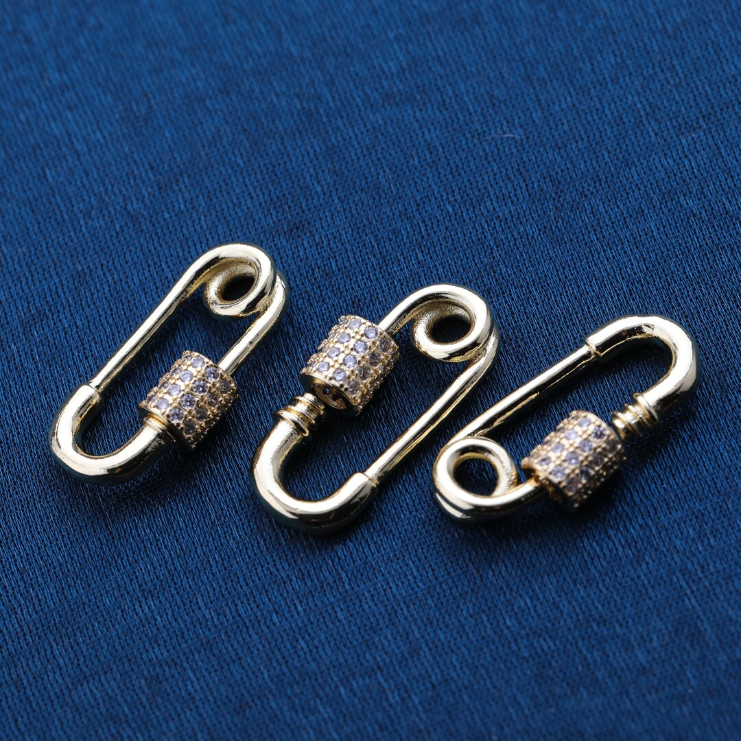 CZ Gold Micro Pave Safety Pin Shape Clasp Carabiner Clasp for Necklace ...